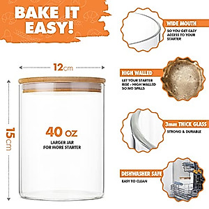 Oscar's Bakery- Sourdough Starter Jar Wide Mouth- Glass Sourdough Crock with lid- 40 oz. Sourdough Starter kit with Accessories & Recipe. Sour dough Container for making Bread (Starter Not Included)