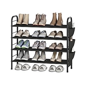 SUOERNUO Shoe Rack Storage Organizer 4 Tier Free Standing Metal Shoe Shelf Compact Shoe Organizer with Side Bag for Entryway Closet Bedroom,Black