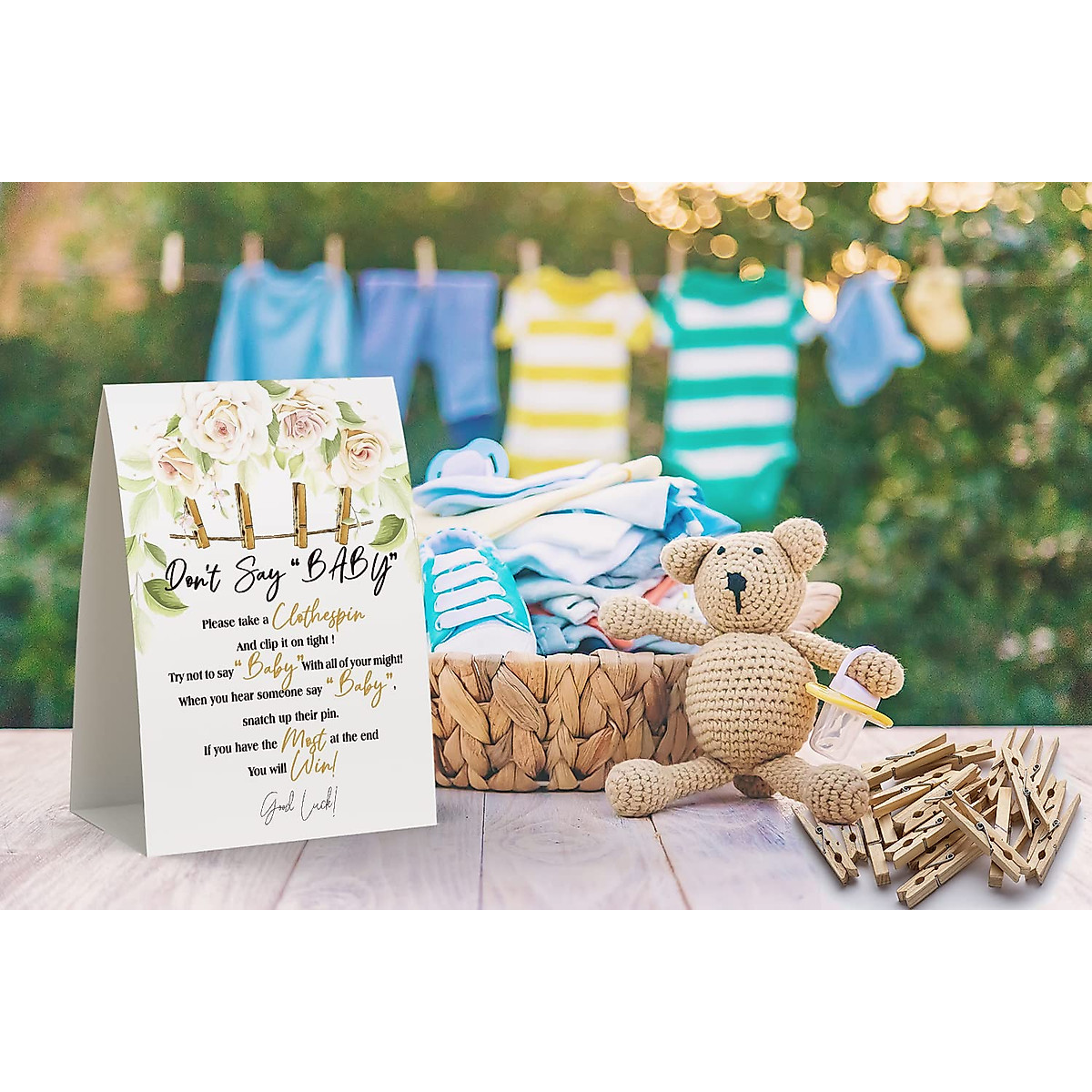 Don't Say Baby Sign, Baby Shower Clothespin Game, Includes a 5x7 Standing Sign and 50 Mini Natural Clothespins - Toctose055