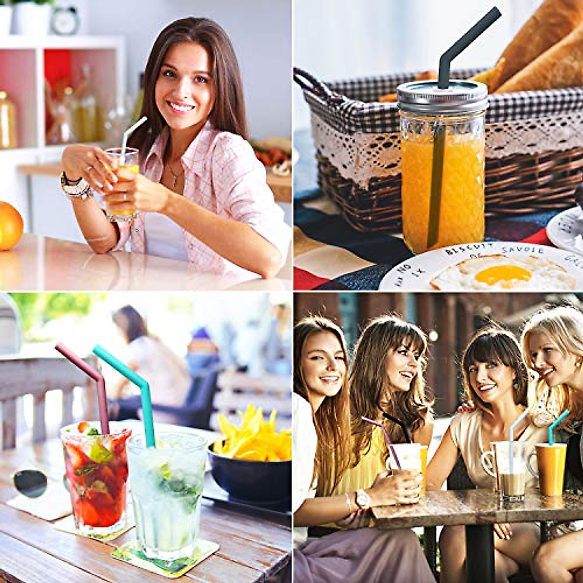 Set of 10 Large Reusable Silicone Straws Pink Thick Smoothie Silicone Drinking Straws Kids with Cleaning Brushes- Extra Long Flexible -For 20oz 30oz and 40oz Yeti Tumblers BPA Free Non Rubber Taste