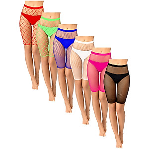 6 Pairs Fishnet Biker Short Elastic Fishnet High Waisted Shorts See Through Sheer Mesh Short Leggings for Women (Mixed Color, Small, Medium, Large Net)