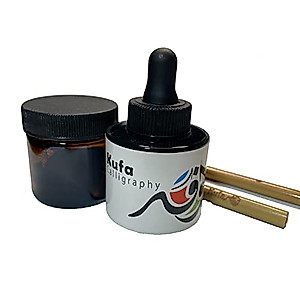Hajj Wafaa Arabic Calligraphy set 2 Reed pens, Black Ink and plastic ink jar