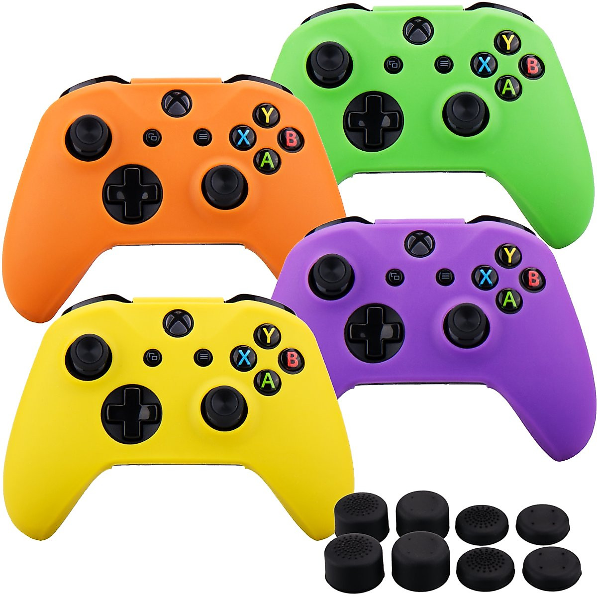 MXRC Silicone Rubber Cover Skin case Anti-Slip Customize for Xbox One/S/X Controller x 4(Green & Orange & Purple & Yellow) + FPS PRO Extra Height Thumb Grips x 8