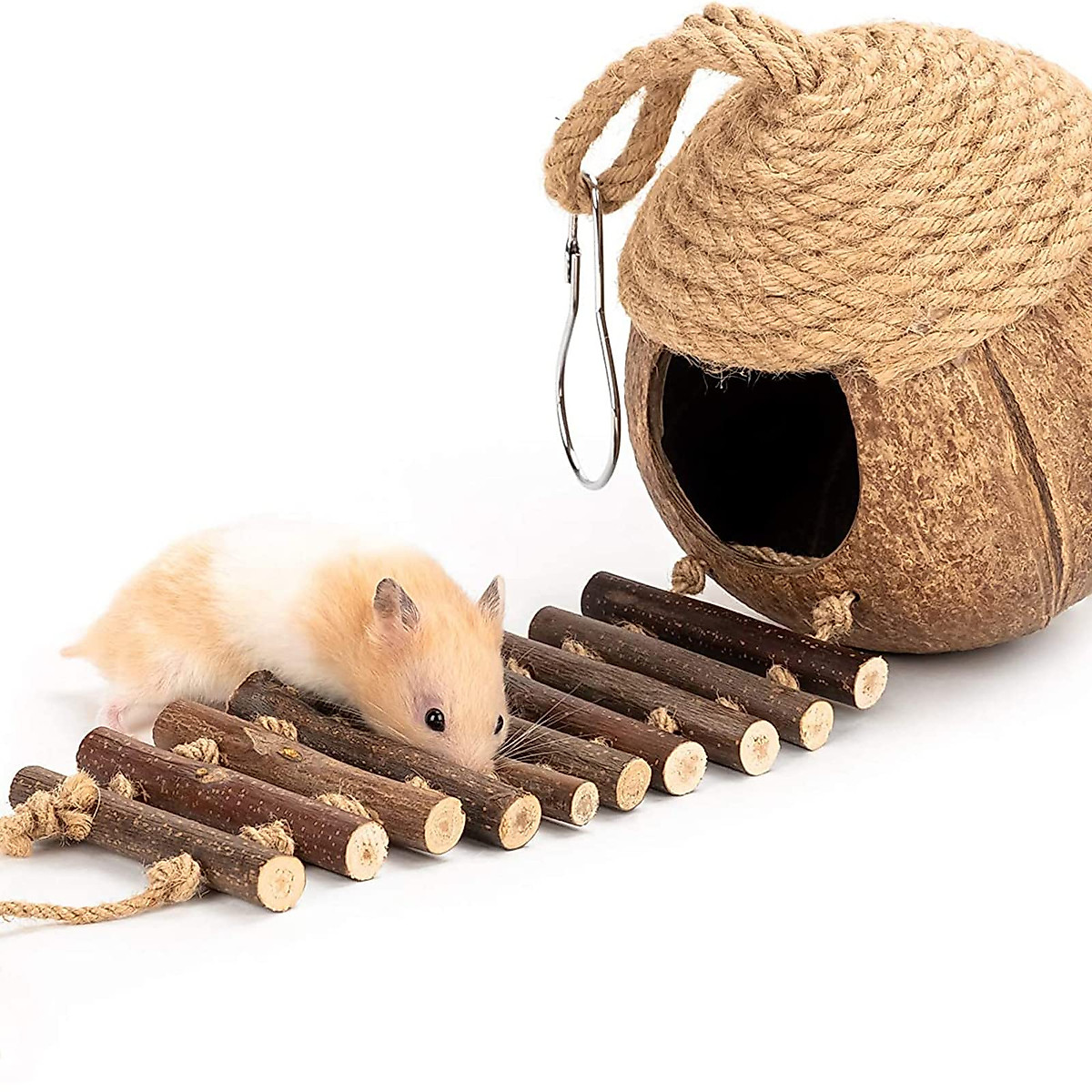 Dlhbafuya Coconut Birdhouse Coconut Shell Climbing nest Hamster hut with Ladder pet Bird Climbing Ladder nest Coconut Shell Bird nest Small Animal Habitat nest.