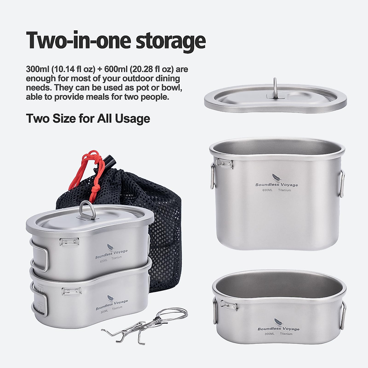 iBasingo 300ML & 600ML Titanium Cup Set Canteen Mess Kit with Folding Handle Hanging Ring Ultralight Portable Cookware for 1 Person Outdoor Camping Backpacking Hiking Small Lunch Box Ti2046C