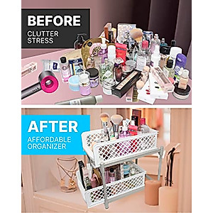 Skywin Plastic Sliding Organizers - 2 Tier Sliding Storage Bins - Pull out cabinet drawers for organizing pantry cabinets (White - 2 Pack)