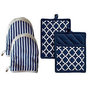 Cotton Oven Mitts and Pot Holder Sets Stripe and Geometric Trellis Pattern 4 Pack Heat Resistant 482°F Cotton Infill Breathable Fabric for Kitchen Cooking Baking
