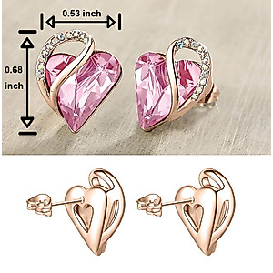 Leafael 18K Rose Gold Plated Love Heart Stud Earrings with Rose Quartz Pink Healing Stone Crystal for Romatic Love, Jewelry Gifts for Women