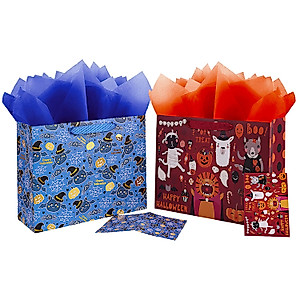 JWSCYSY 2Pack 12.6" Large Happy Halloween Bags with Card and Tissue Paper, Trick or Treat Paper Gift Bags for Kids Holloween Party Favor.