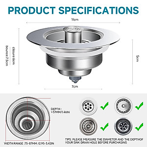 Upgraded 3 in 1 Kitchen Sink Drain Strainer - Stainless Steel Pop Up Sink Stopper Combo, Anti-Clogging Sink Catcher Basket, Fast Drainage Filter Sink Plug for US Standard 3 1/2 inch Drain