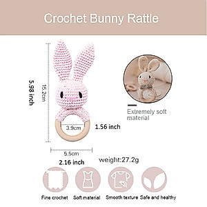 WOODEN TEETHER Crochet Baby Rattle, Crochet Baby Toys, Organic Wooden Newborn Toys, Newborn Animal Rattle Toys，Knitted Stuffed Animals Gifts for Baby, Pink Bunny