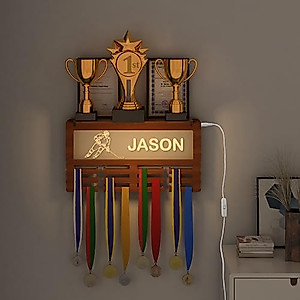 Personalised Light up Medal Hanger Display, Ammonite Holder Rack for Awards or Ribbons, Personalized Sports Themed Ribbon Holder for Wall, Tiered Award Rack (Customize)
