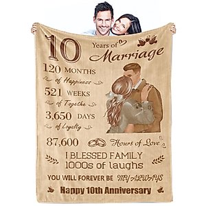 Wedding Anniversary Blanket Couples Present,10th Anniversary Present Blanket for Him and Her,Wife Husband Happy 10 Year Anniversary Present for Couple Mom Dad Parents Valentine's Flannel Throw Blanket