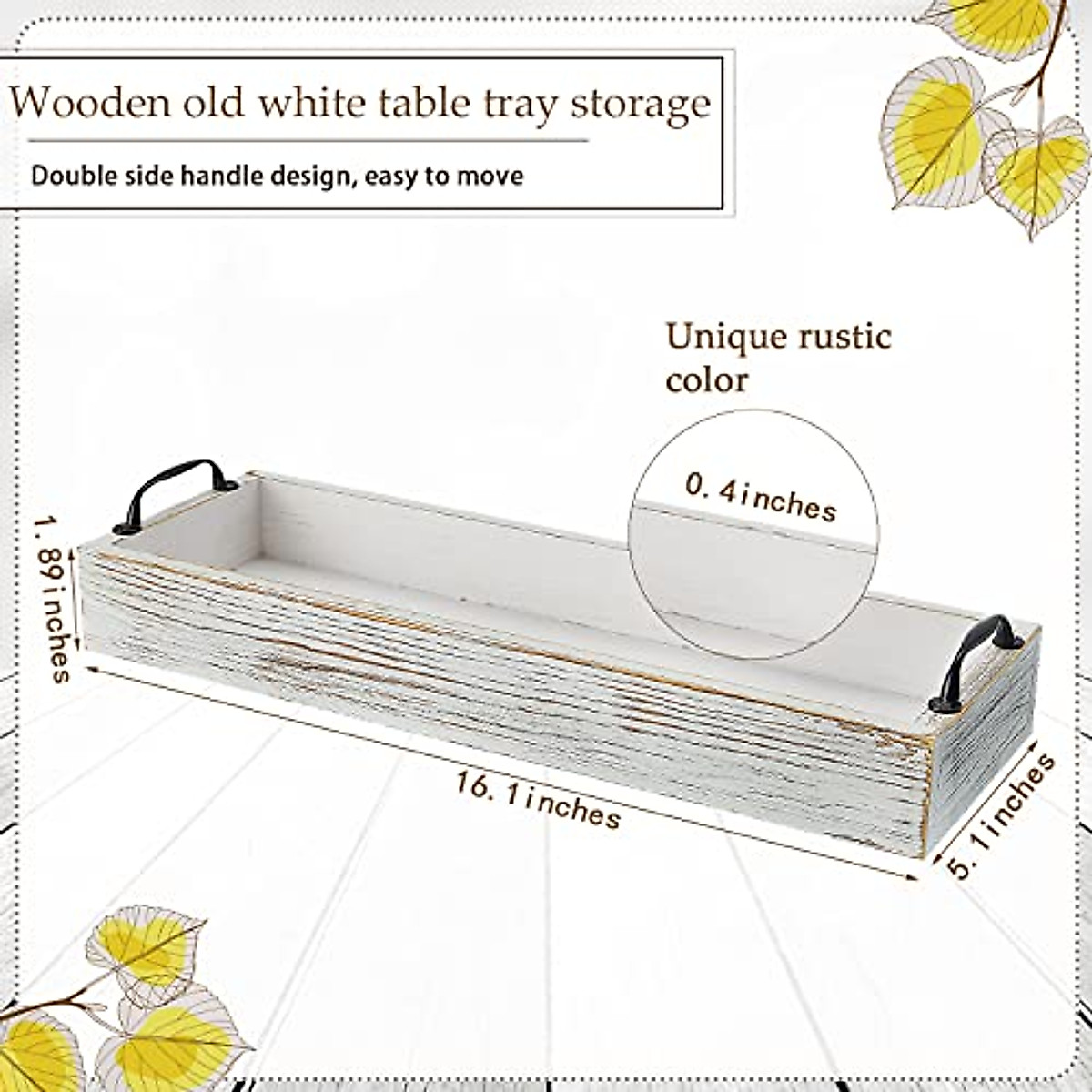 2 Pack Rustic Wooden Serving Trays Rustic Wooden Long Serving Trays with Handle Rectangular Ottoman Tray for Home Room Coffee Table Farmhouse Serving Decoration (Whitewashed)