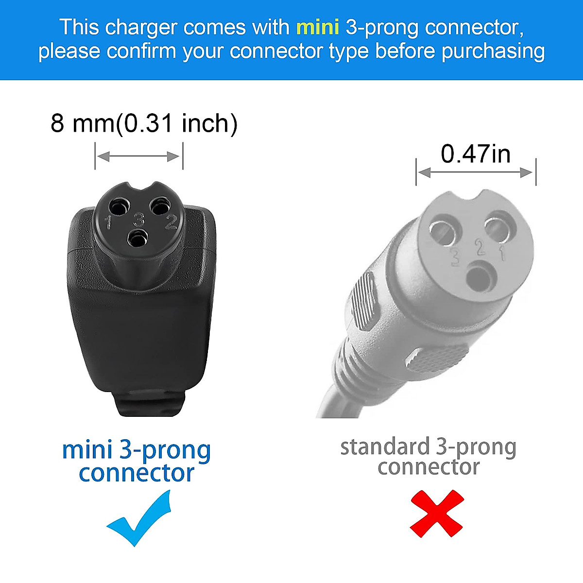 Gotake 42V 2A Battery Charger（Mini 3-Prong），UL Listed Universal Replacer for 36V Lithium Battery Power Supply Adaptor