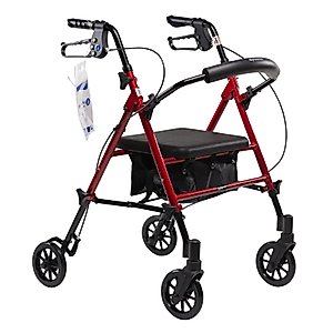 Dynarex DynaGo Flex Rollator - Foldable, Portable, Stand-Up Rolling Walker - 6” Wheels, Adjustable Seat Height & 300 lb. Weight Capacity, Red Frame, 1 Rollator