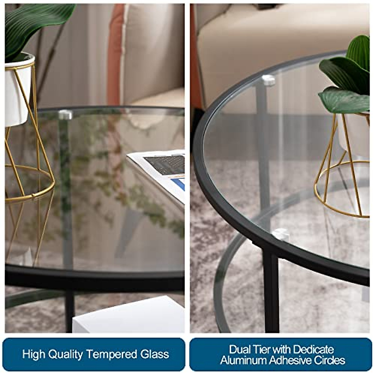 VINGLI Glass Coffee Table, 25.6" Round Coffee Table Black Coffee Tables for Living Room, 2-Tier Glass Top Coffee Table with Storage Clear Coffee Table, Simple & Modern Center Table for Small Space