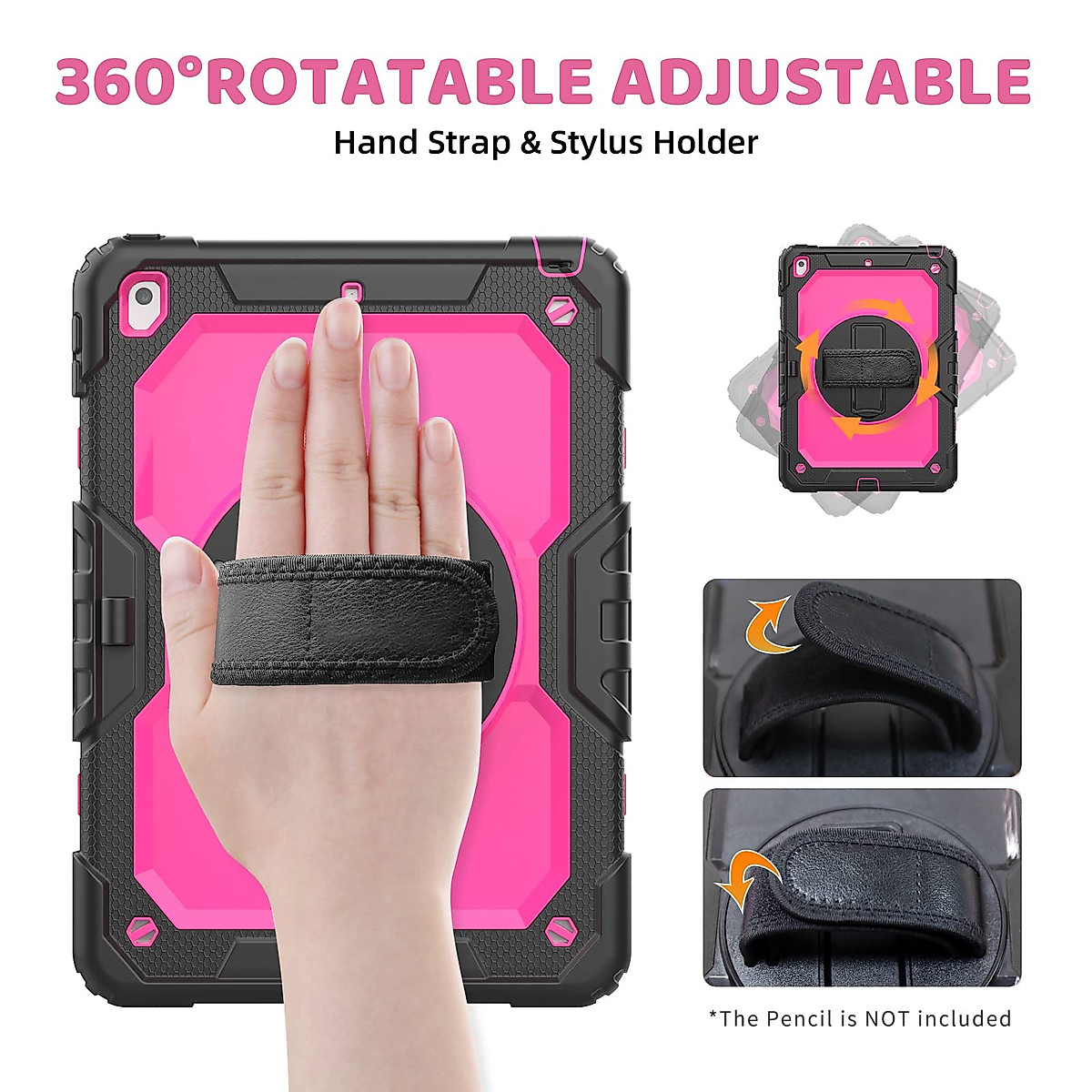 BLOSOMEET Case for iPad 9th Generation 2021 10.2 Inch with Tempered Glass Screen Protector & Pencil Holder,Protective Kids iPad 7th/8th Gen Cover 2020 2019 w/Stand Hand Shoulder Strap,Rosered