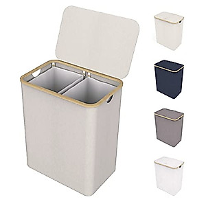 Lonbet - Beige Double Laundry Hamper with Lid, 2 Sections and Removable Bags, Hamper for Laundry 2 Compartments to Simplify Laundry Day for Busy Moms, 39.6 Gallons (3-5 Loads in a Washing Machine)