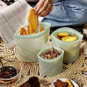 Reusable Silicone Storage Bags for Food, 100% BPA Free Reusable Meal Prep Containers|Dishwasher Safe &Freezer Silicone Snack Bowl|Leak-proof Oven, Microwave Food Saver| Lunch,Travel, Makeup Bag(3-Pack)