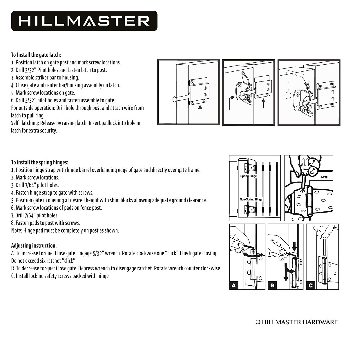 HILLMASTER Heavy Duty Gate Latch Kit for Wooden Vinyl Fence, 1 Pack Self-Locking Gate Latch and 2 Pack 3.5” Spring Tee Hinges, Gate Fence Hardware Set, Black Finish