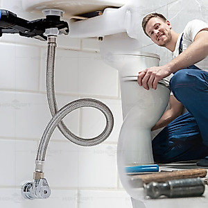 Highcraft 27416-NL-2 Toilet Connector, Braided Stainless Steel Hose Connects to Supply Line 3/8 Compression x 7/8 Female Ballcock Nut 16 Inch