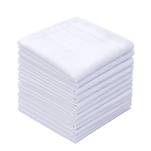 GB Men's Handkerchiefs 100% Cotton Solid White with Stripe Large Classic Hankies Bulk Set 12 Pack