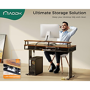 AODK Electric Standing Desk with Drawers & Keyboard Tray, 47 Inch Height Adjustable Small Gaming Desk with Power Outlets & LED Lights, Sit Stand Table with Monitor Stand for Home, Office, Rustic Brown