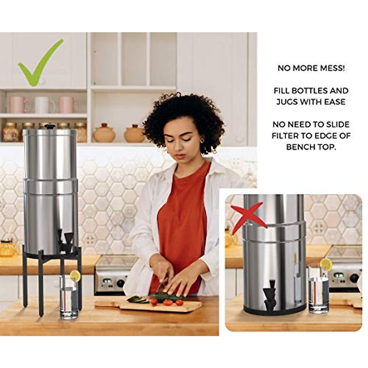 AUBURY Adjustable Water Filter Stand - 10" High Berkey Filter Compatible, Easy Fill Water Bottles, Pitchers, Glasses, Width and Feet Adjust to Fit Countertop Gravity Water Dispensers Medium