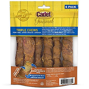 Cadet Gourmet Triple Chews Pork Hide, Sweet Potato, & Chicken Dog Treats - Healthy Dog Treats for Small & Large Dogs - Inspected & Tested in USA (6 Count)