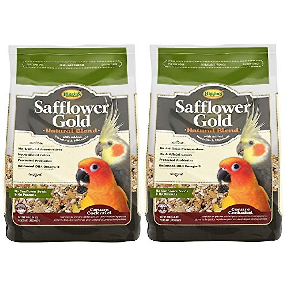Higgins 2 Pack of Safflower Gold Natural Blend Conure and Cockatiel Food, 3 Pounds Each