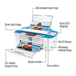 HP DeskJet 3755 All-in-One Wireless Printer - Instant Ink Ready, Mobile Printing, Best Printer for Home and Office, Scanner, Copy, Fax, Inkjet with Built-in Wifi, J9V90A - Blue Accent (Renewed)