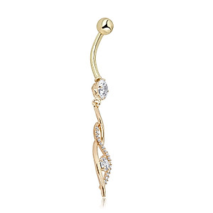 AVORA 10K Yellow Gold Simulated Diamond CZ Dangling Flame Belly Button Ring Body Jewelry (14 Gauge)