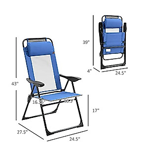Outsunny Set of 2 Folding Patio Chairs, Camping Chairs with Adjustable Sling Back, Removable Headrest, Armrest for Garden, Backyard, Lawn, Blue