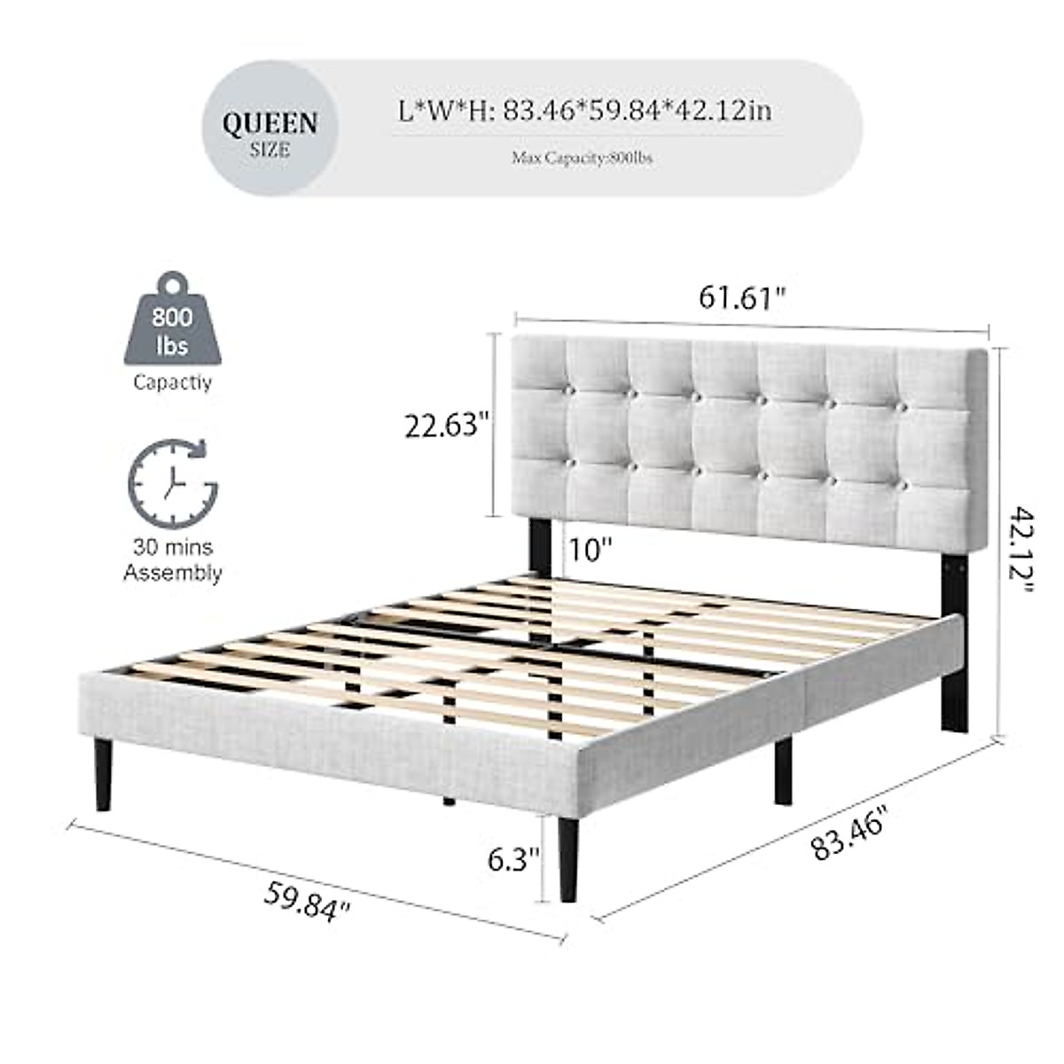 UNIZONE Queen Size Bed Frame with Button Tufted Upholstered Headboard, Linen Platform Bed with Wood Slats Support, Mattress Foundation, No Box Spring Needed, Easy Assembly, Light Grey