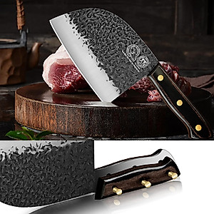XYJ FULL TANG 7-inch Serbian Butcher Knife Multipurpose Chinese Chef Knives High Carbon Stainless Steel Meat Knives Heavy Duty Blade With Leather Sleeves For Home Outdoor &Camping