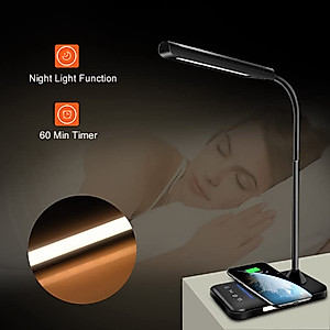 AFROG Multifunctional LED Desk Lamp with 10W Fast Wireless Charger,USB Charging Port, Night Light, 1200Lux Super Bright, 5 Lighting Mode, 7 Brightness,30/60 Min Timer, 12W Office Table Lamp