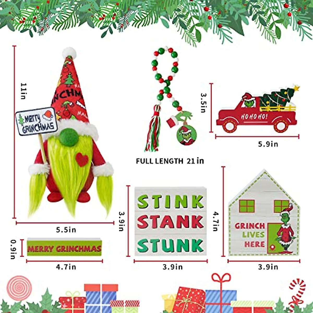 Grinch Christmas Tiered Tray Decor - 6 PCS Christmas Gnome Tiered Tray Decoration, Green Christmas Wood Signs Inspired Christmas New Year Holiday Decor -(Tray Not Included)