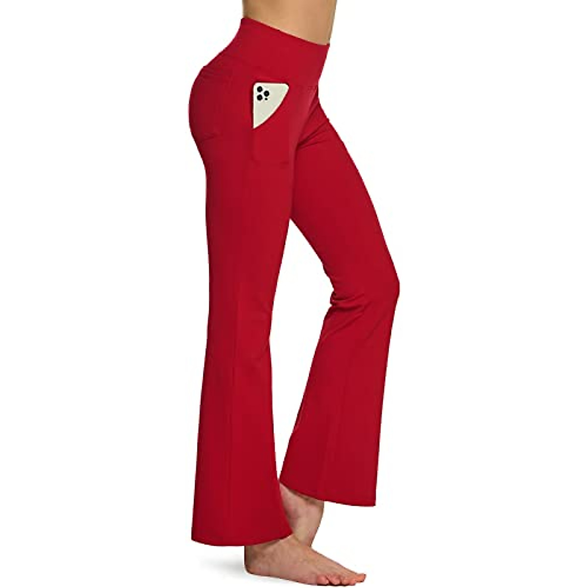 TSLA Womens Bootcut Yoga Pants with Pockets, Tummy Control High Waist Bootleg Yoga Pants, 4 Way Stretch Workout Pants, Bootcut Petite Red, Large