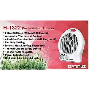Optimus H-1322 Portable 2-Speed Fan Heater with Thermostat , White
