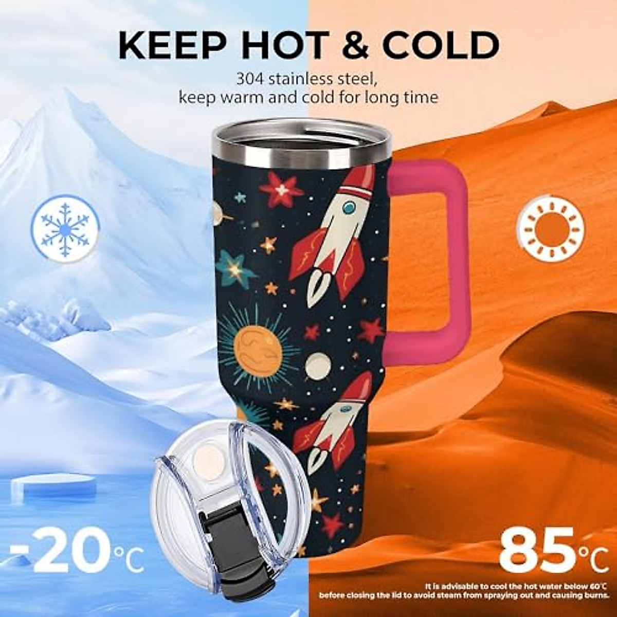 Cartoon Rockets 40 Oz Car Cup Stainless Steel Travel Mug Leak-Proof Insulated Tumbler with Handle Light Rose Red-style