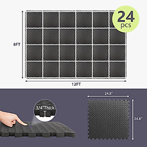 Oteymart 24 Pieces Puzzle Exercise Mat Extra Thick 3/4 Inches EVA Foam Interlocking Tiles Floor Gymnastics Mat Fitness Equipment Mat for Home Protective Flooring Cushion(96 Square feet)