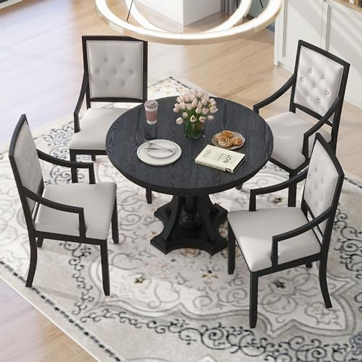 Mystiqueserenity 5 Piece Dining Table Set,Classic Extendable Dinner Set,with Round Table and 4 Upholstered Chairs,for Dining Room,Kitchen(Black Oak)