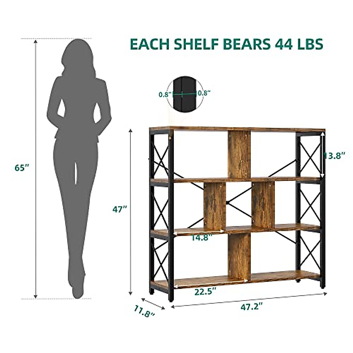 YITAHOME 4 Tier Bookshelf, Free Standing Cube Bookcases and Bookshelves, Industrial Furniture Wide Bookshelf Display Cabinet Open Storage Book Shelf for Living Room Bedroom Home Office, Rustic Brown