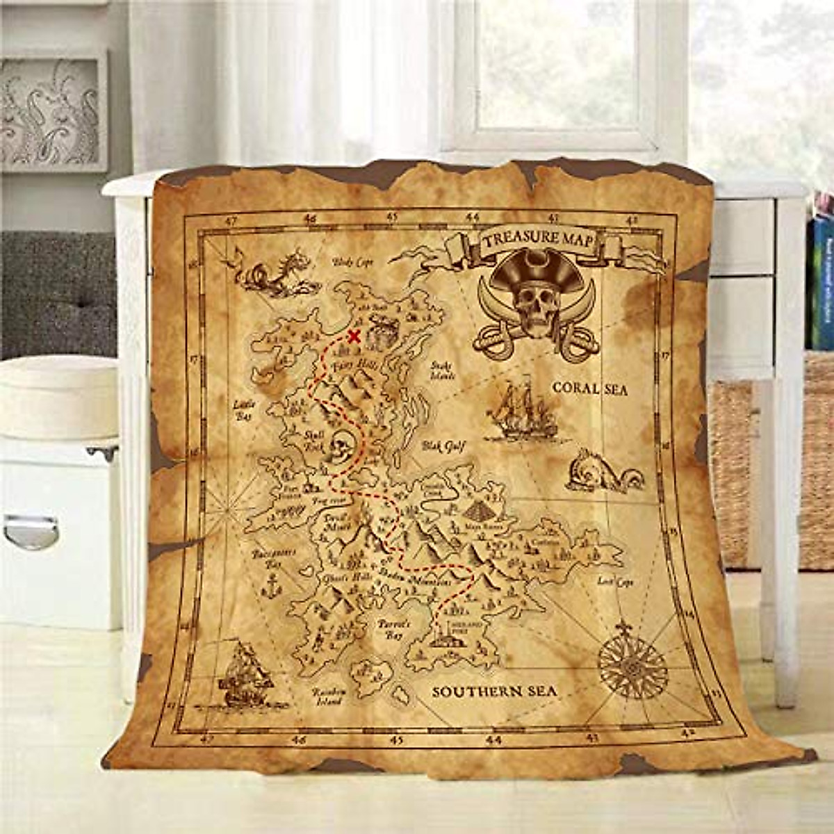 Mugod Map Throw Blanket Treasure Map and Pirate Emblem Sailboat Compass on a Ruined Old Parchment Decorative Soft Warm Cozy Flannel Plush Throws Blankets for Baby Toddler Dog Cat 30 X 40 Inch