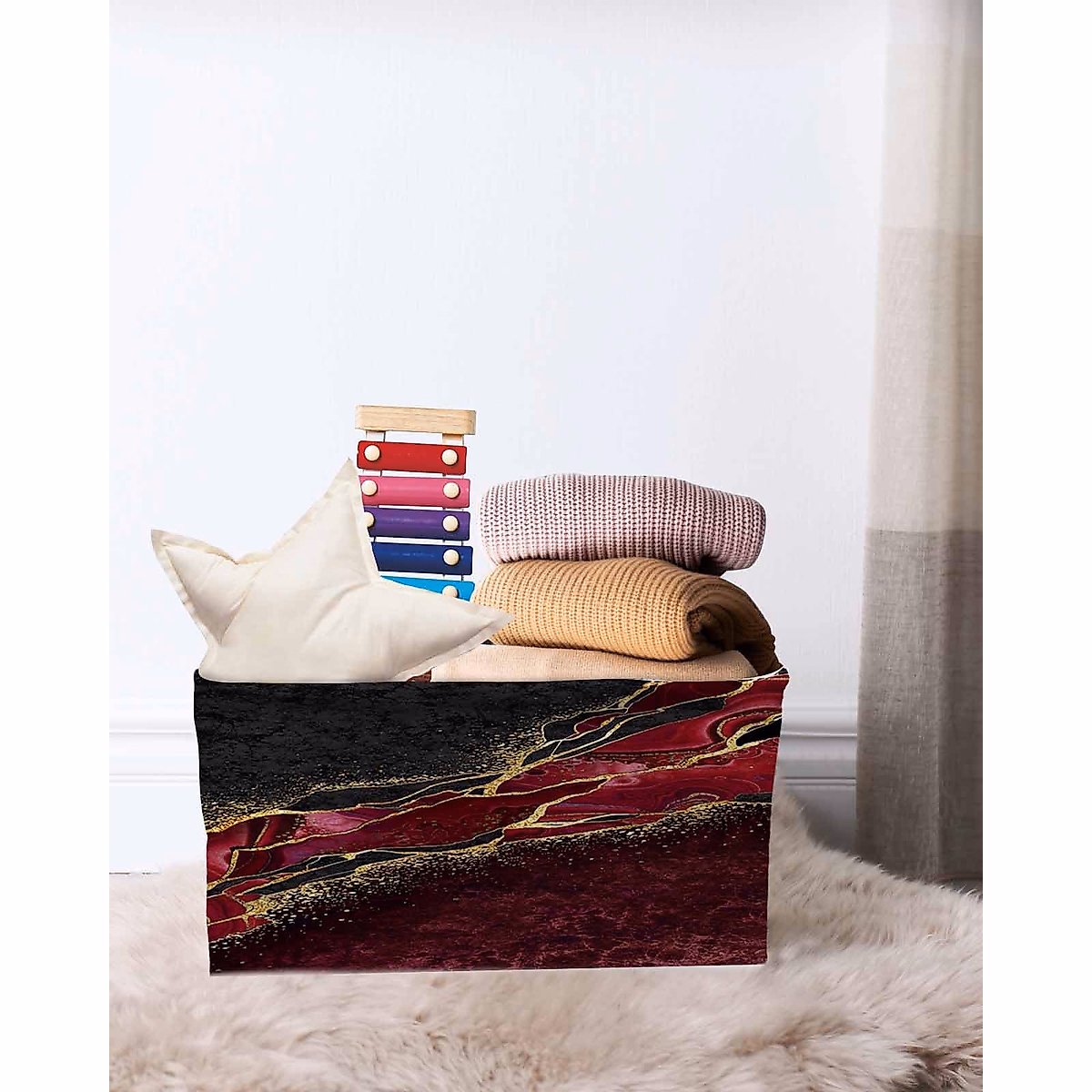 Abstract Storage Basket Red Large Foldable Storage Bins with Handles Marble Burgundy Black Malachite Gold Veins Waterproof Fabric Laundry Baskets for Organizing Shelves Closet Toy Gifts Bedroom Decor