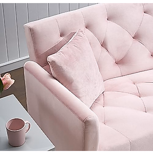 72"Modern Velvet Sofa Bed Futon,Convertible Folding Sleeper Bed Couches with 3 Adjustable Backrests,Tufted Recliner Loveseat with Golden Chrome Legs for Small Living Room Office (Light Pink+pillows)