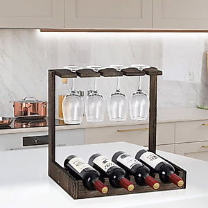 NANANARDOSO Wine Rack, Rustic Wood Wine Storage Shelf with Glass Holder Tabletop Wine Bottle Holder Organizer for Kitchen Cabinet Pantry (Rustic Brown, 4-Slot)