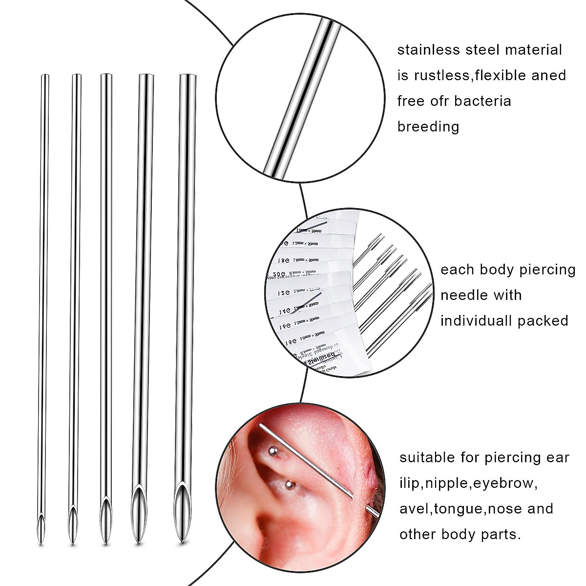 Honoson 100 Pcs Ear Nose Body Piercing Needles Mix Size 12G 14G 16G 18G 20G Stainless Steel Piercing Jewelry Kit and 1 Pcs Slotted Locking Pennington Forceps for Kit Supplies