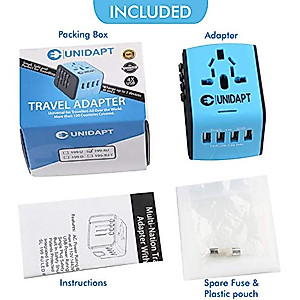 Unidapt Universal Travel Adapter, International Plug Adapter Fast 2,4A 4-USB European Power Plug, AC Wall Charger – Worldwide Outlet for Europe US USA UK EU AUS, Blue